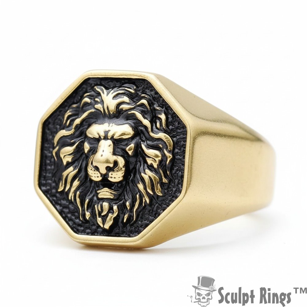 Sculpt Rings™ Golden Lion Head Signet Ring, Stainless Steel, Bold ...